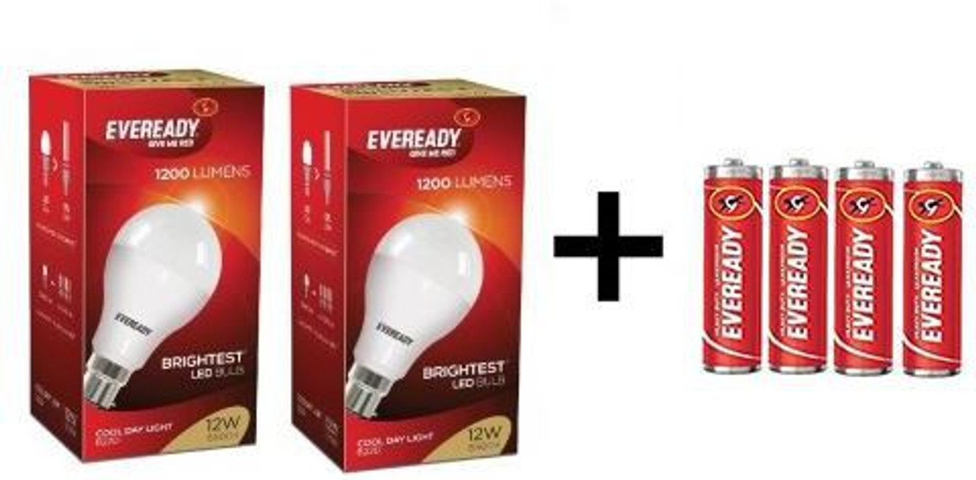 Eveready 12W LED Bulb Pack of 2 with Free 4 Batteries Price in India ...