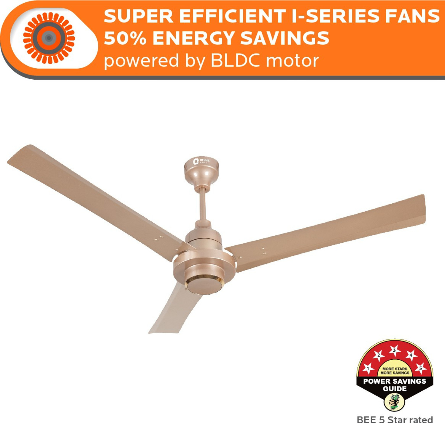 Orient Electric EcoTech Supreme 5 Star 1200 mm BLDC Motor 3 Blade Ceiling Fan (Gold, Pack of 1 ...