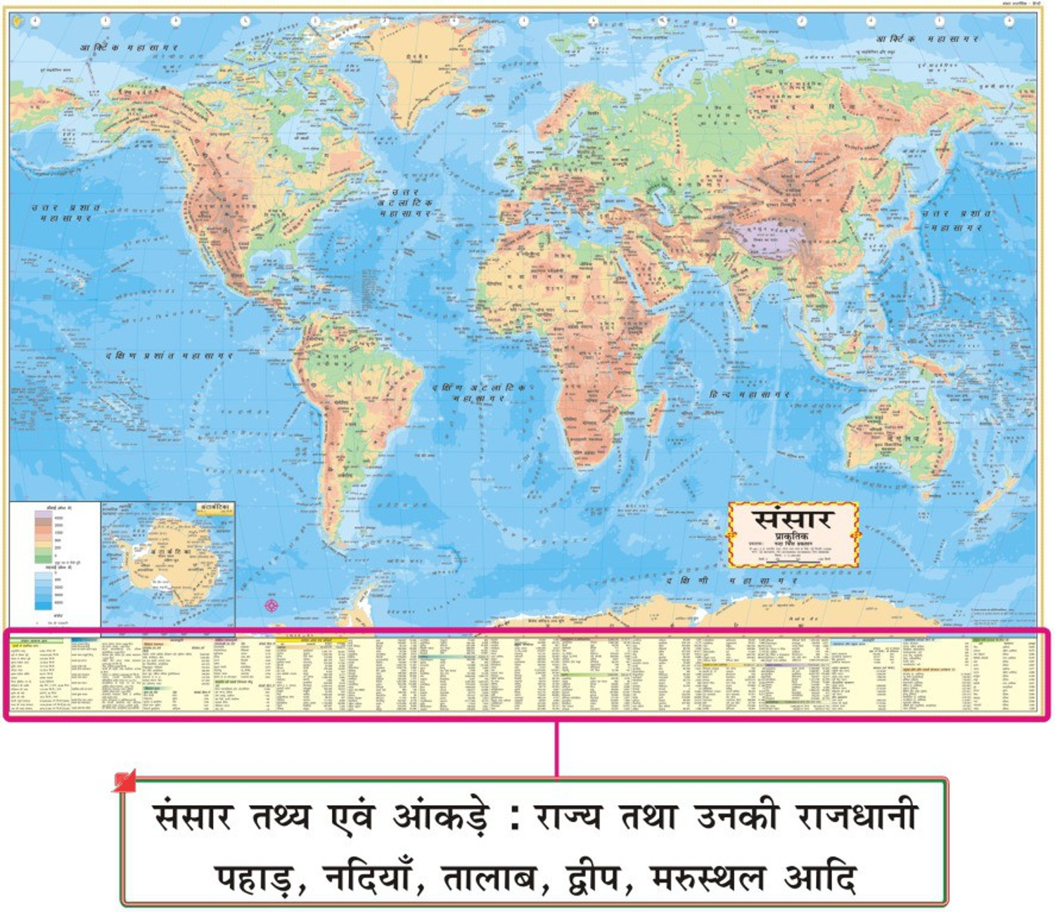 HINDI PHYSICAL MAP OF WORLD | Laminated Map| Map Size (40inch * 28inch ...