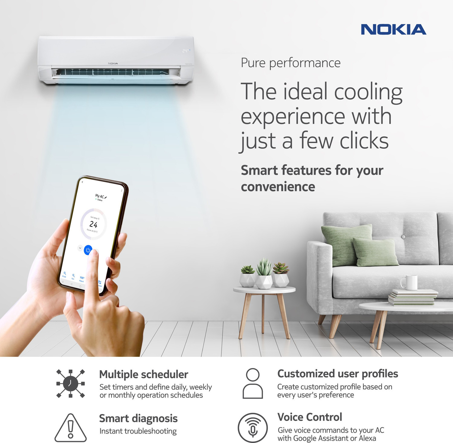Nokia 4 in 1 Convertible Cooling 1.5 Ton 5 Star Split Triple Inverter Smart AC with Wi-fi ...