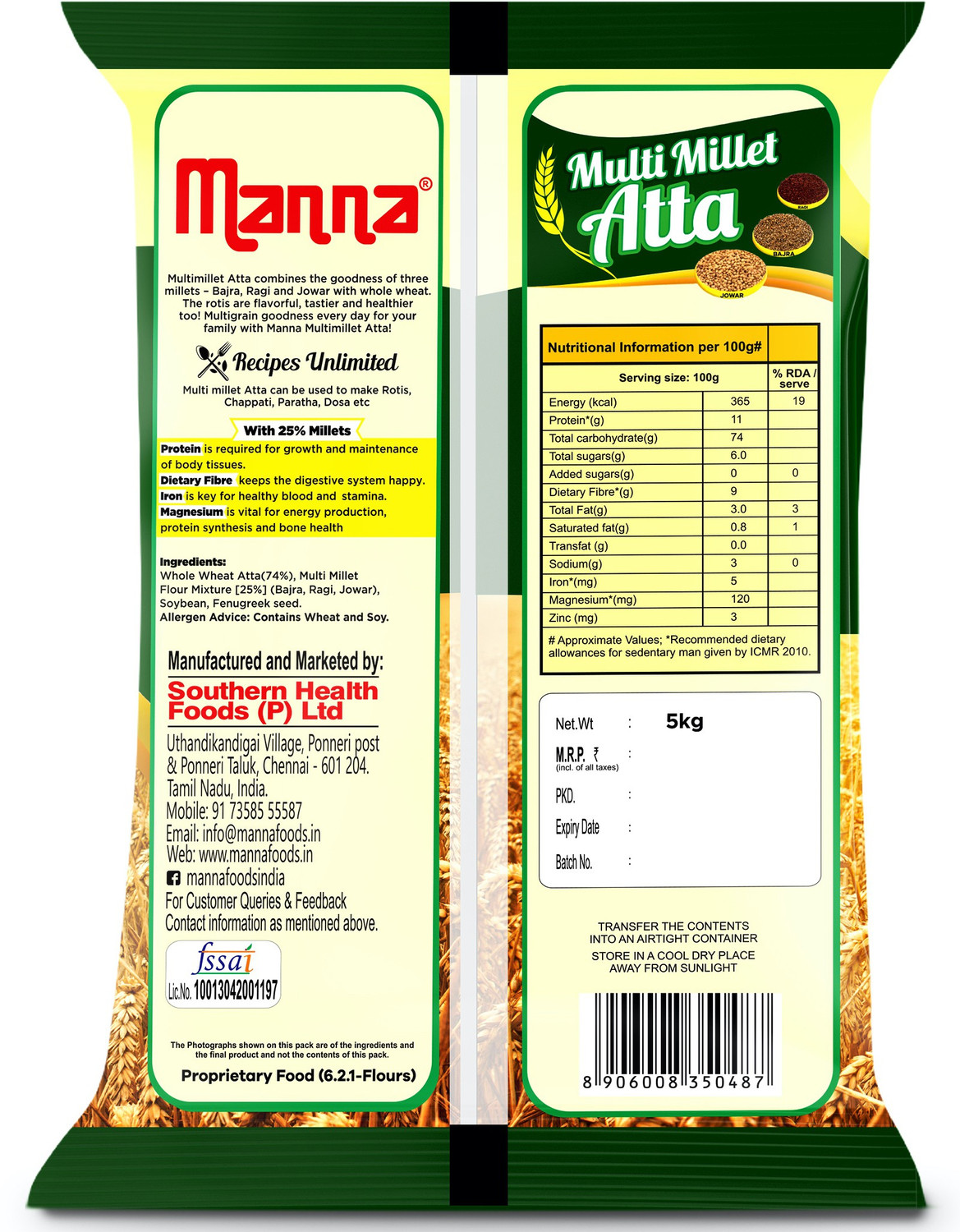 Manna Multi Millet Atta - 5kg - MultiGrain Atta with 25% Millets, Tasty ...