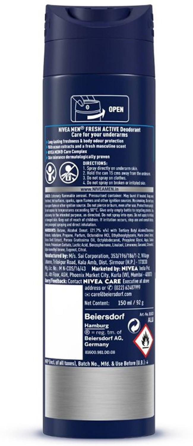 NIVEA Fresh Active Original 48 Hours Deodorant Spray - For Men (150 ml ...