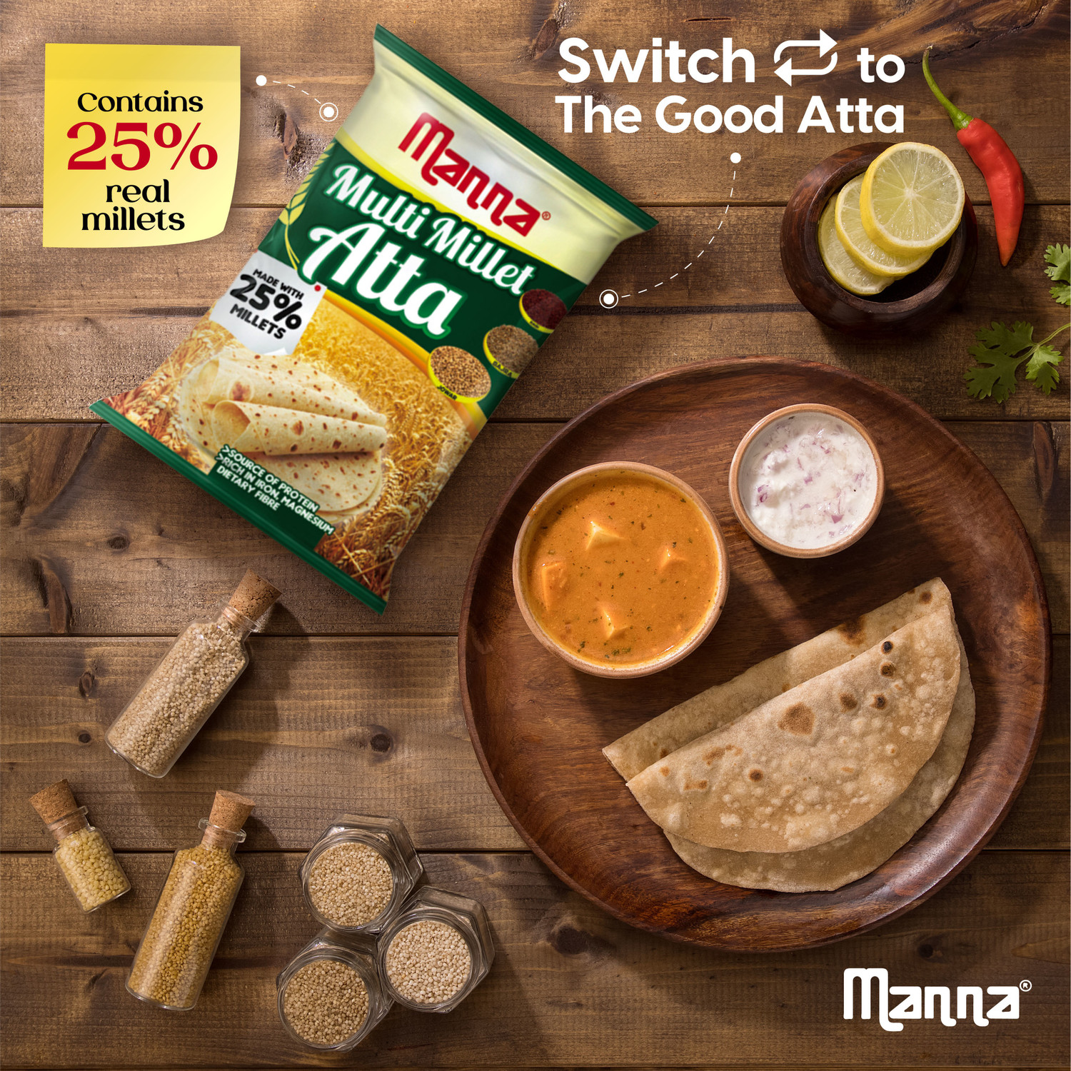 Manna Multi Millet Atta - 5kg - MultiGrain Atta with 25% Millets, Tasty ...