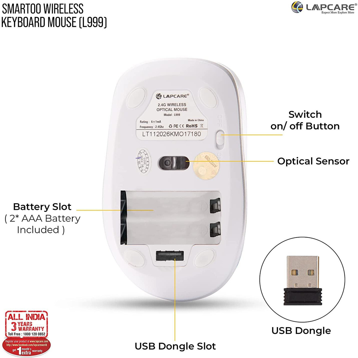 LAPCARE Smart Membraned and 1200 DPI Mouse Combo with Auto Sleep ...