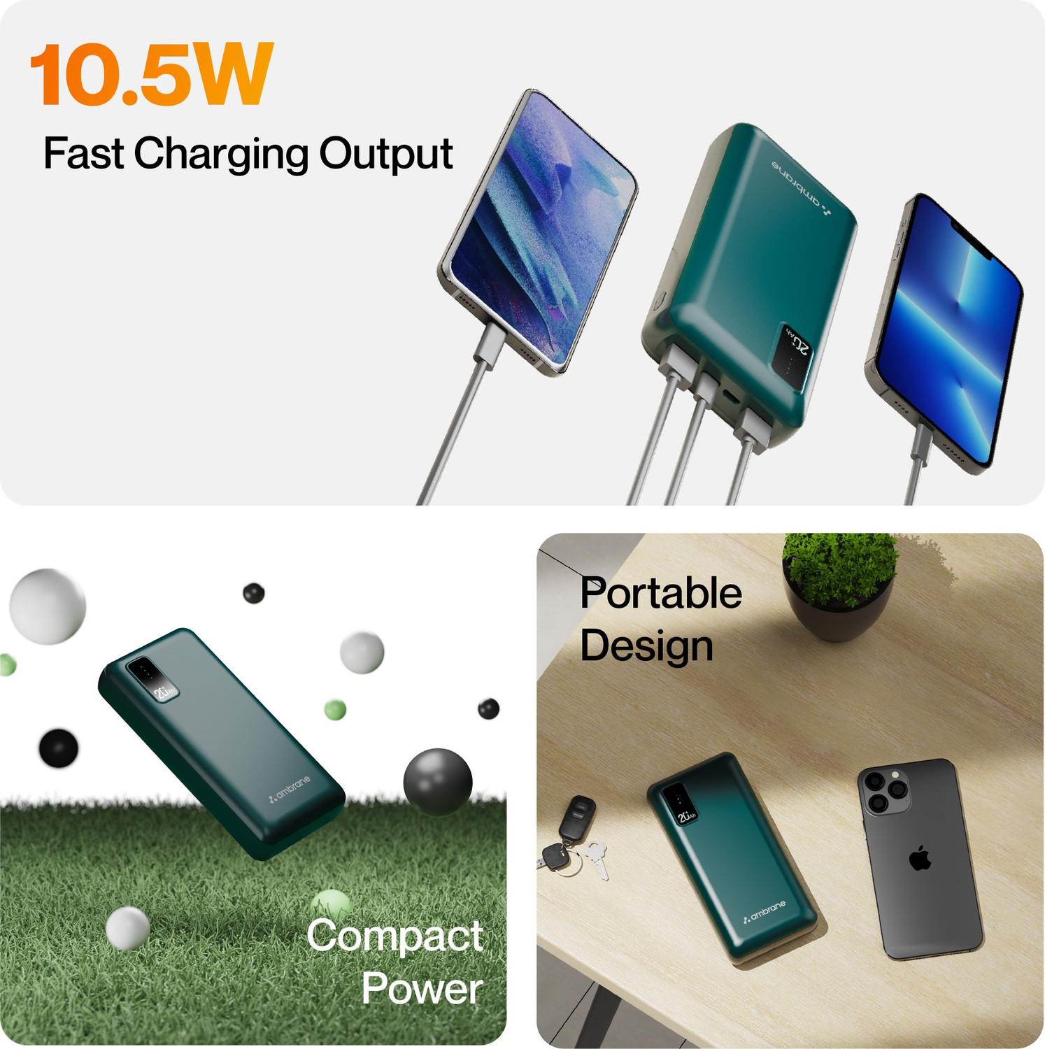 Ambrane 20000 mAh 10.5 W Compact Pocket Size Power Bank (Green, Lithium ...