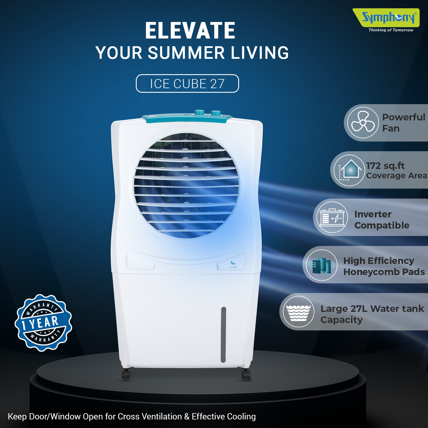 Symphony 27 L Room Personal Air Cooler White Blue Ice Cube 27