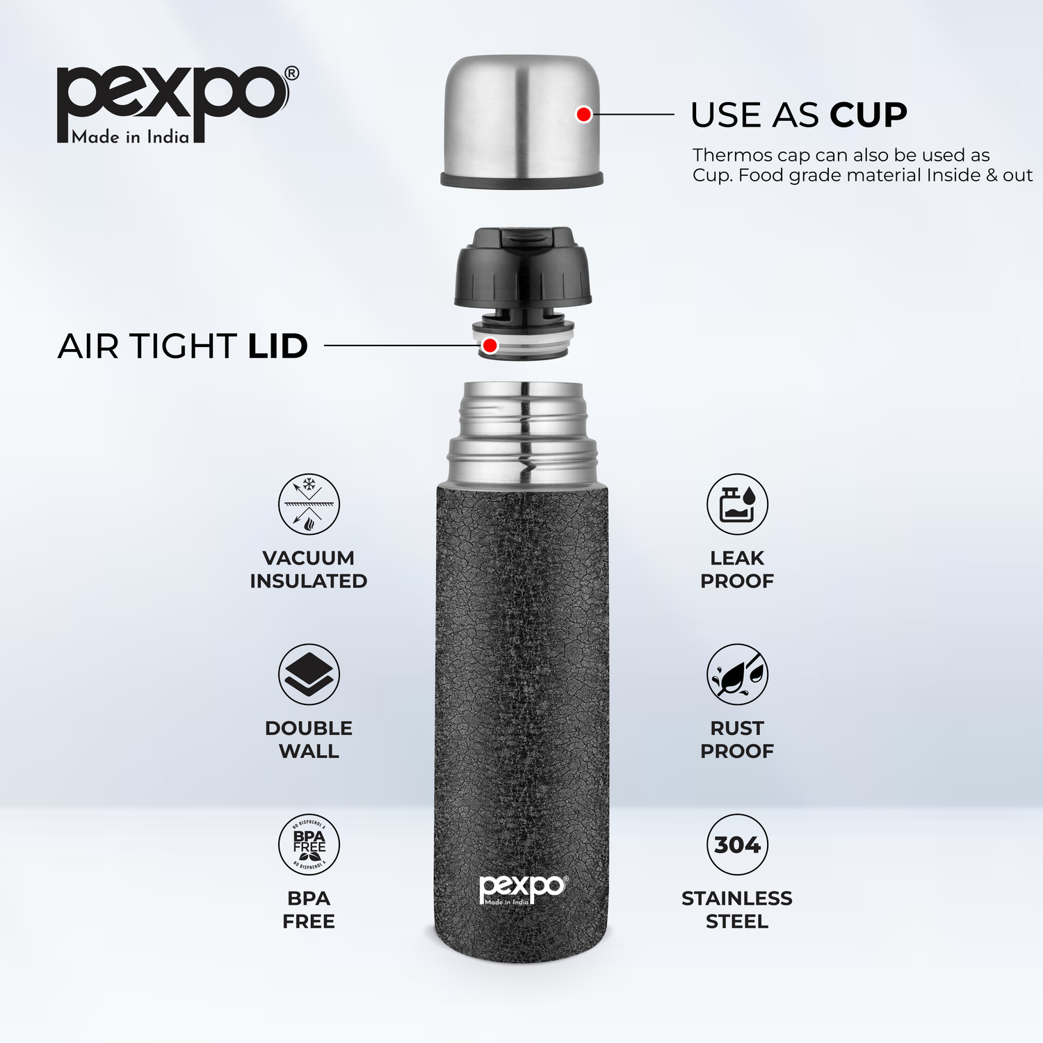 pexpo Thermosteel Vacuum, 18 Hrs Hot and Cold with Zipper Bag Flip-Pro ...