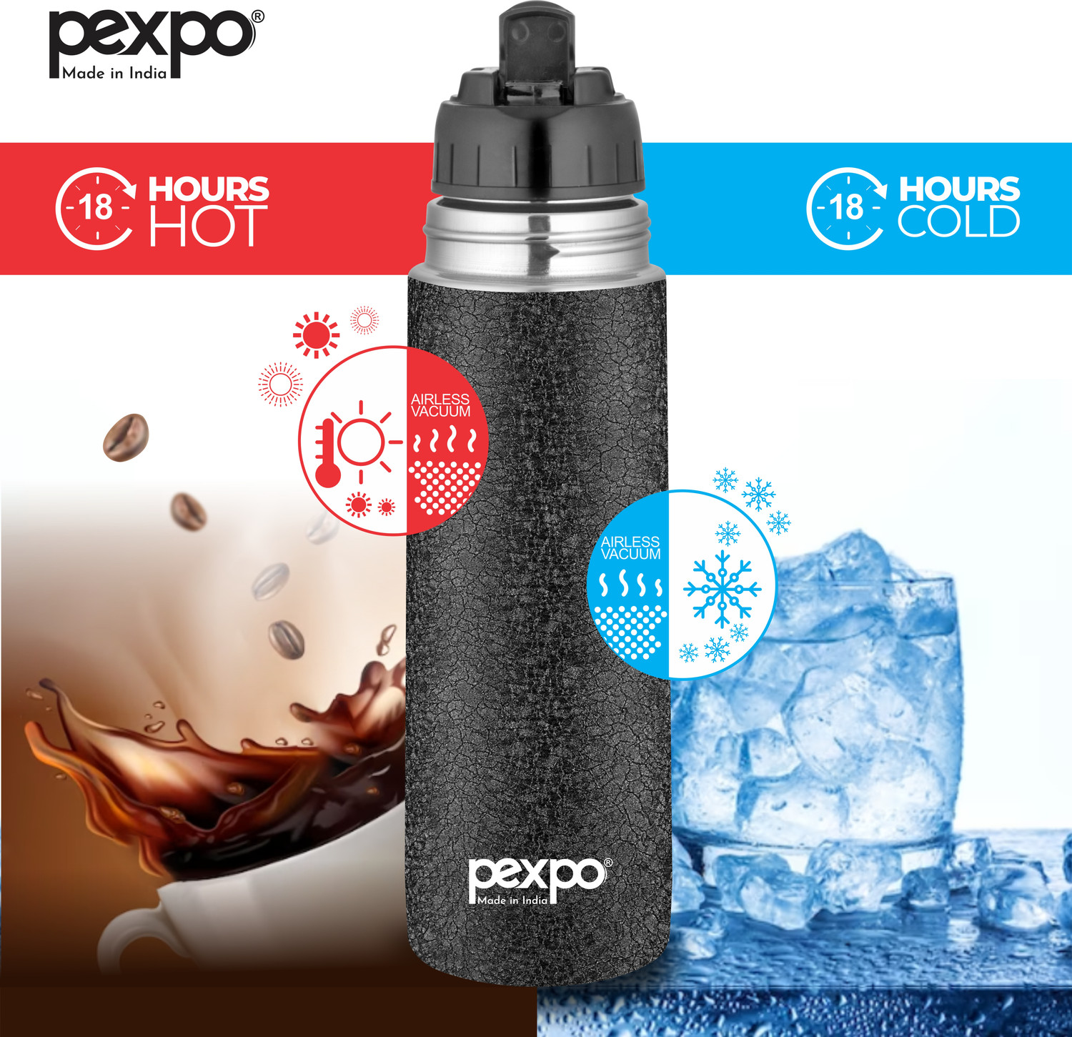 pexpo Thermosteel Vacuum, 18 Hrs Hot and Cold with Zipper Bag Flip-Pro ...