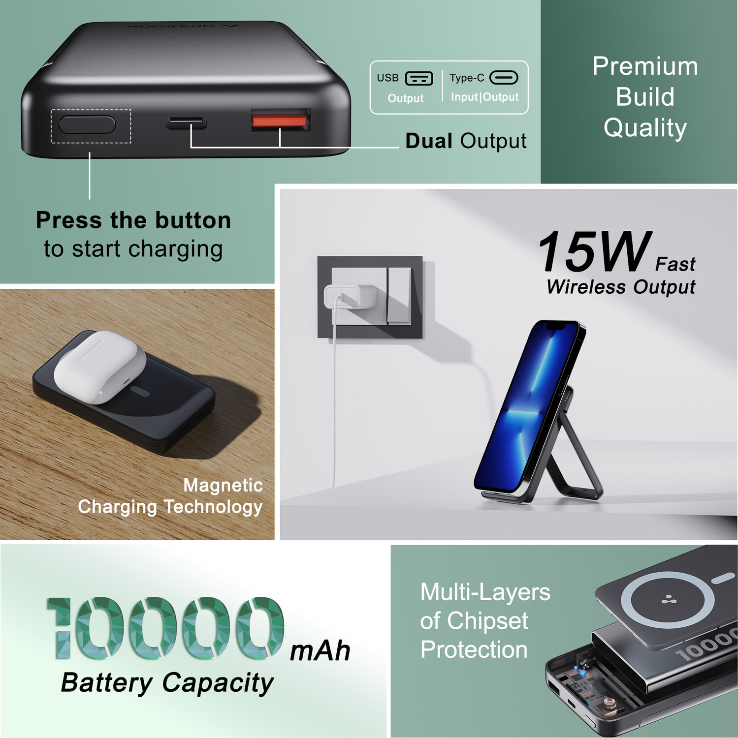 Ambrane 10000 mAh 22.5 W Wired & Wireless With MagSafe Compact Pocket Size Power Bank (Black ...