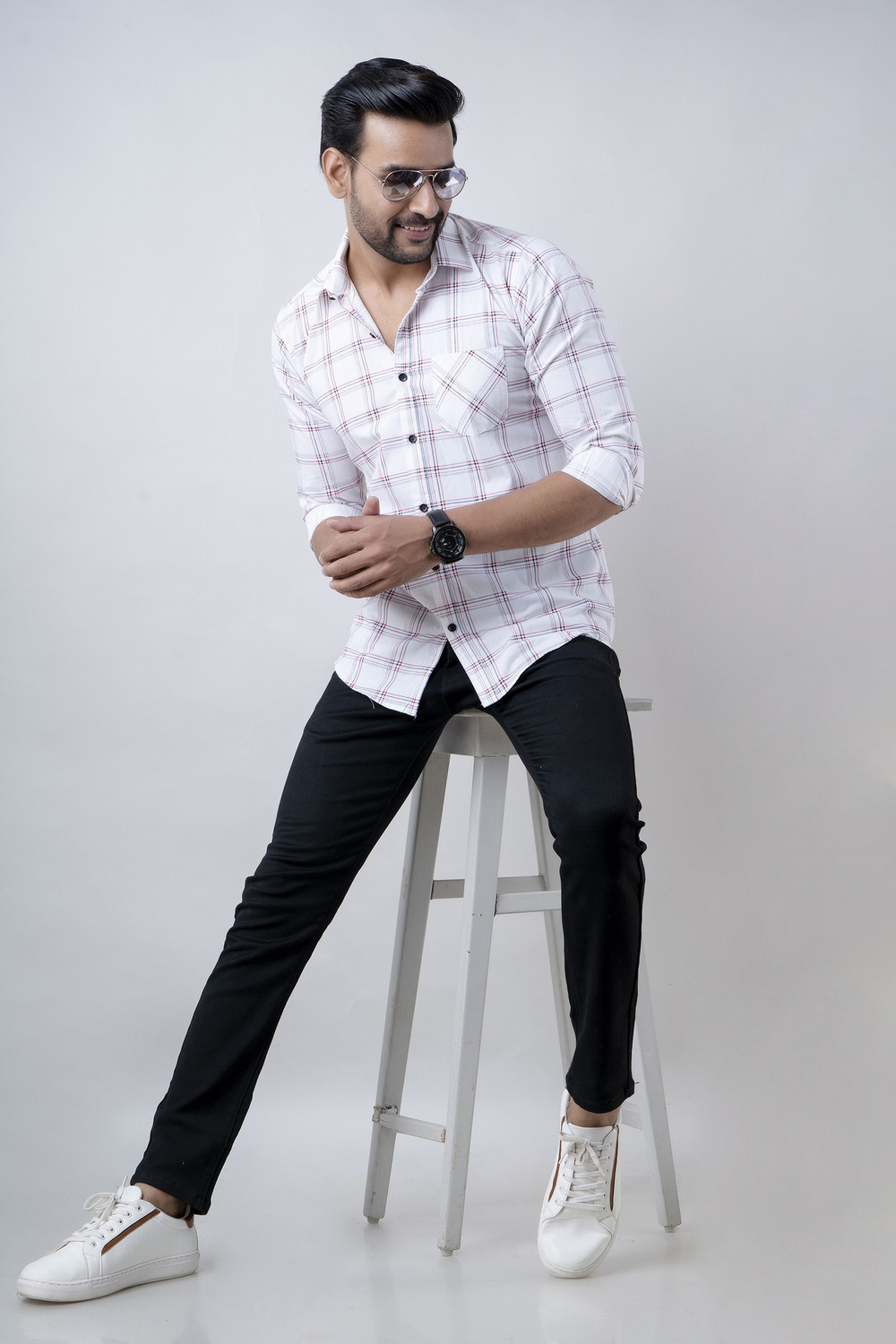 Vcom Men Checkered Casual White Shirt - Price History