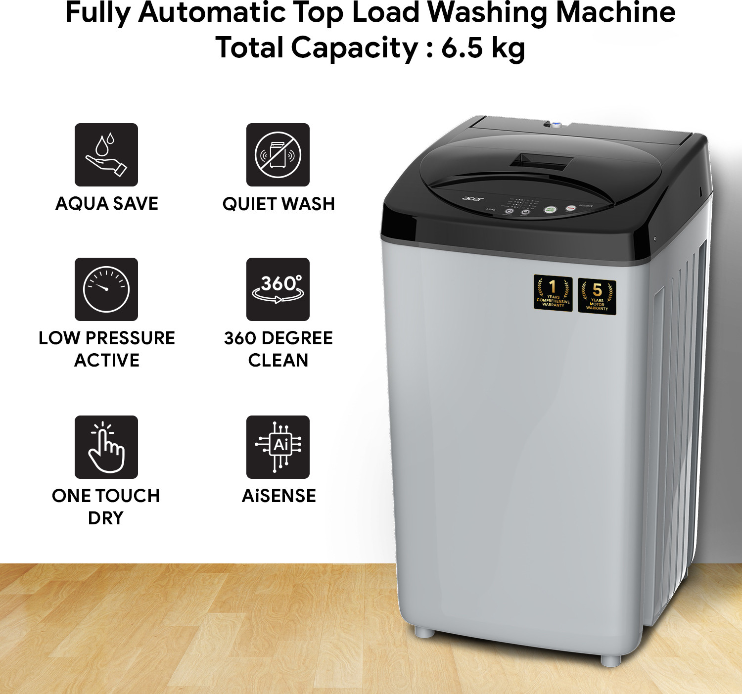 Acer 6.5 kg Quad Wash Series with AiSense, 5 Star Rating, AutoBalance ...