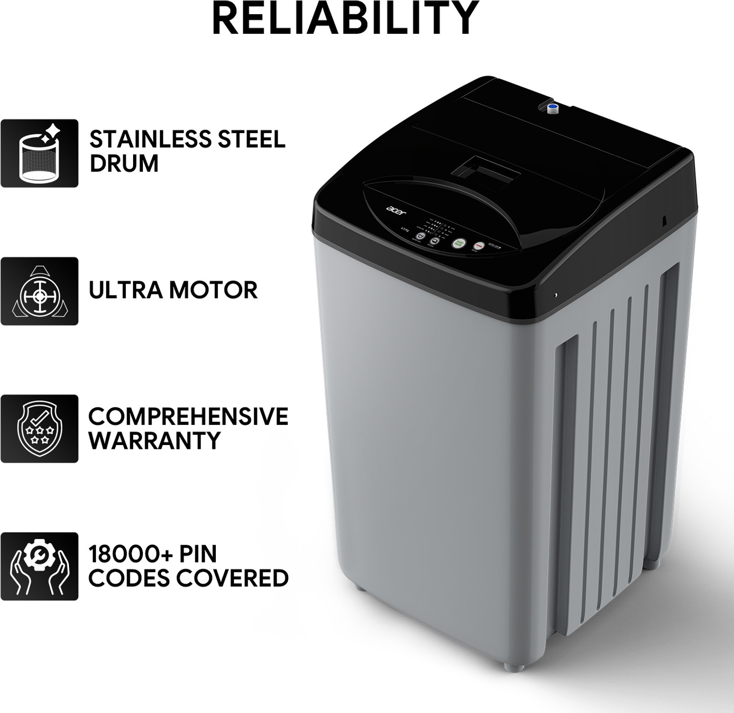 Acer 6.5 kg Quad Wash Series with AiSense, 5 Star Rating, AutoBalance ...