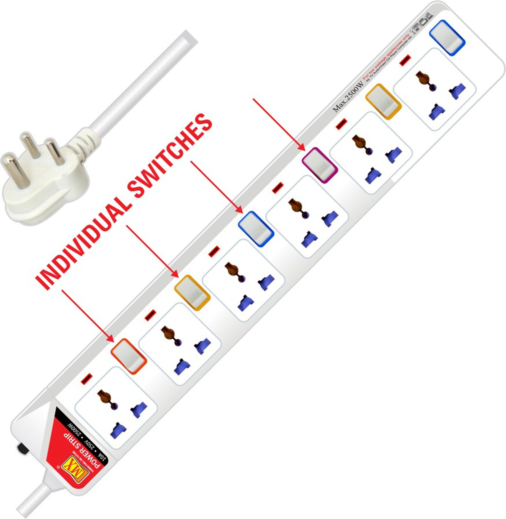 MX 6 Sockets Universal Power Strip With Individual Switch 6 Socket ...