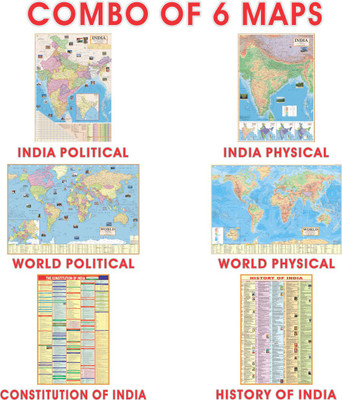 (COMBO OF 6 MAPS/CHARTS) INDIAN Constitution Map & History of India Map With India & World Map ...