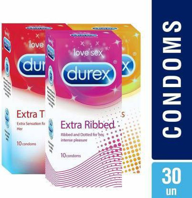 DUREX Combo Extra Dotts, Thin, Ribbed Each 1,1 Pack Condom(Set of 3, 30 ...