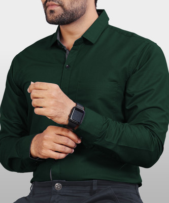 VeBNoR Men Solid Formal Dark Green Shirt - PaisaWapas