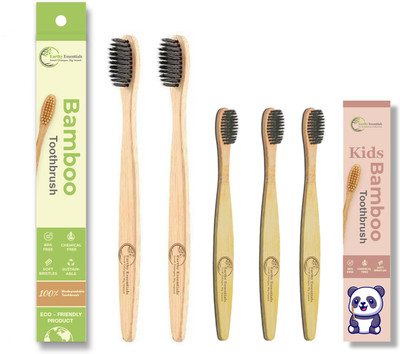 Earthy Essentials Bamboo Toothbrush Family Pack 2 Adult+ 3 Kids With ...