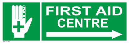 Safety World First Aid Center sign-Right Side Direction-With Hand Sign ...