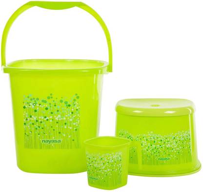 NAYASA Plastic Bucket and Mug Set (Green, 3-Piece) 25 L Plastic Bucket ...