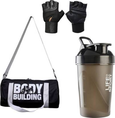 BODY BUILDING Combo of Body Gym Bag , Black Shaker Bottle and Gloves ...