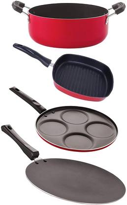 NIRLON Aluminium Nonstick Cooking Pots & Pans 4 Pieces Set, Red ...