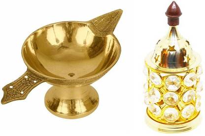 Utkarsh Combo Of Crystal Akhand Diya Decorative Brass Oil Lamp Tea ...