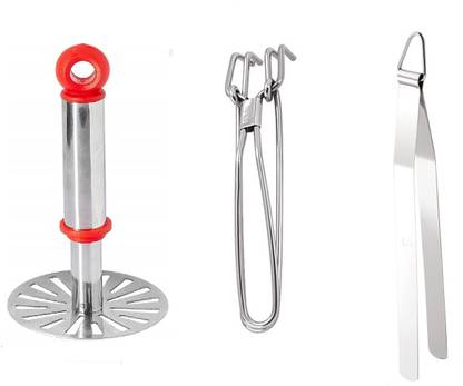 Krivish Combo Pack of 3 Steel Hand Masher, Wire Pakkad & Chimta Kitchen ...