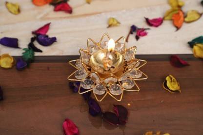 Datalact Crystal Diye Flower Brass Deepak (Diya Oil Lamp) Gold Finish ...