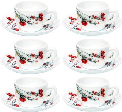 BOROSIL Pack of 6 Opalware Present CHRYS RED 6 pcs cup saucer Set {Cup ...