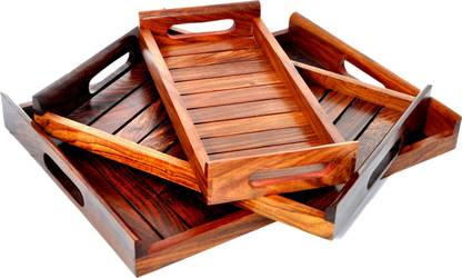 Hashcart Wooden Serving Tray Set of 3 - Decorative Kitchen Serving Tray ...
