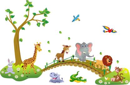 Sudarshan Creatives 147 cm Jungle Theme Cartoon Animals' Wall Sticker ...