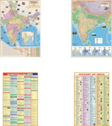 (COMBO OF 4 INDIA ENGLISH MAPS & CHART) INDIA (Both Political ...