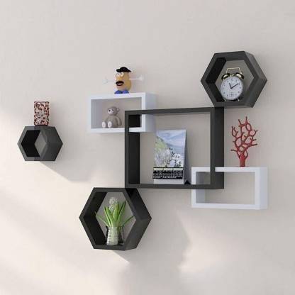 AMS WOODEN HUB Wall shelf Interlock & Hexagon shelves Floating Shelves ...