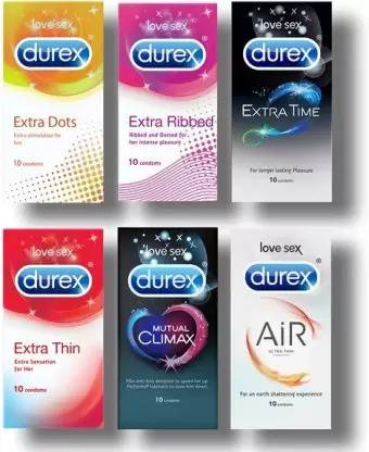 DUREX DOT,RIBED,TIME,MUTAL CLMX,AIR COMBO(Set of 6, 60 Sheets) Condom ...