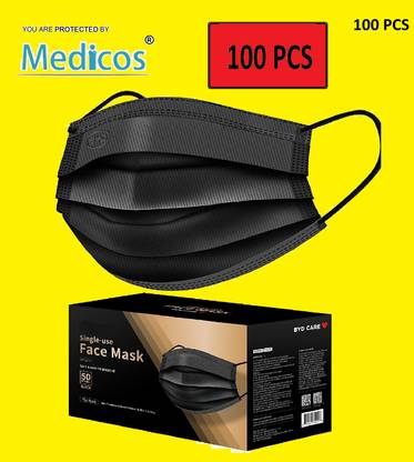 Medicos 100 Pcs Black Units With Nose Pin Disposable Mask 3 Ply F-4 ...