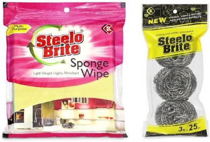 steelo Brite Sponge Wipe & Steel Scrubber 75gm Sponge Wipe, Stainless ...