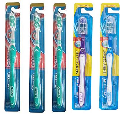 Oral-B SHINY CLEAN M 2 & CAVITY DEFENSE M 3 PACK OF 5 Medium Toothbrush ...