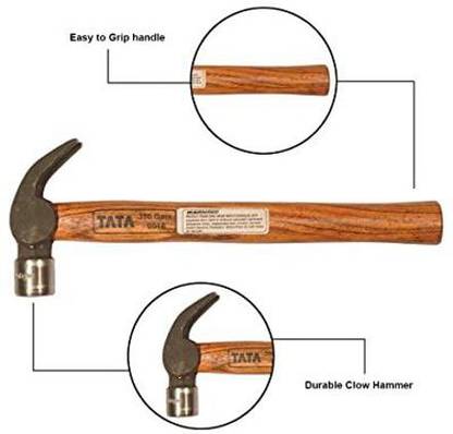 TATA AGRICO Steel Hammer with Wooden Handle, 350. Gms Curved Claw ...