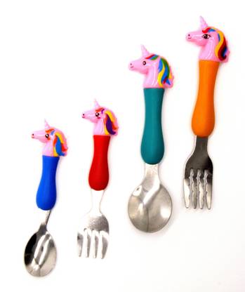 PEARLGREEN Unicorn Theme Stainless Steel Baby Feeding Spoon and Fork ...
