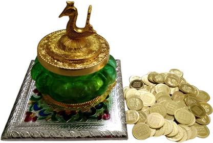 Sidkudil kubera pot with lakshmi kubera yantra 108 Brass Coins & Wooden ...