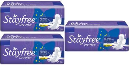 STAYFREE Dry-Max All Night Ultra-Dry Extra Large XL-28+28+28 Count Pack ...