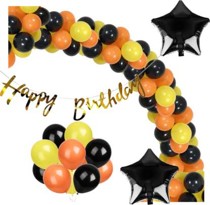 B4 Birthday Combo Gold Bunting + 30 Orange+Yellow+Black Balloon +2 ...