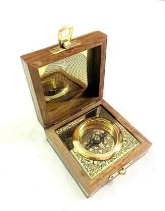 UCC World of Vintage Antique Brass Pocket Compass in Wooden Box Compass ...