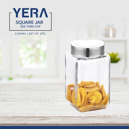 Yera Square jar with see thru cap-metallic lid - 1100 ml Glass Utility ...