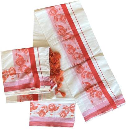 kaitharikada Set Mundu Kerala Cotton Single - Red - orange kara ...