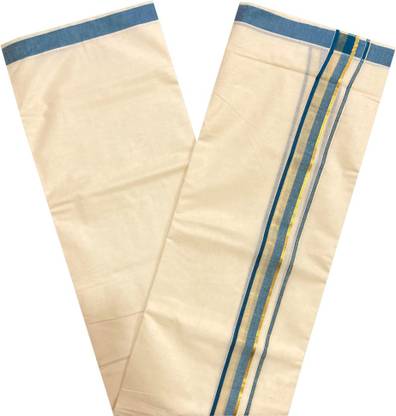Southloom Off White Kerala Double Mundu with Blue and Kasavu Border Men ...