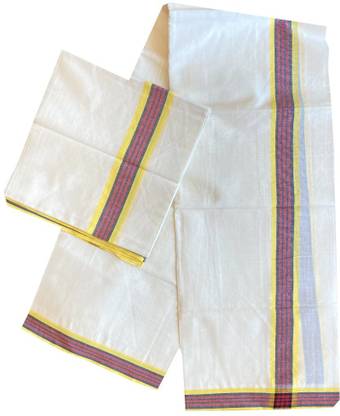 kaitharikada Kerala Cotton Single Set Mundu Mulloth- Yellow Black Red ...