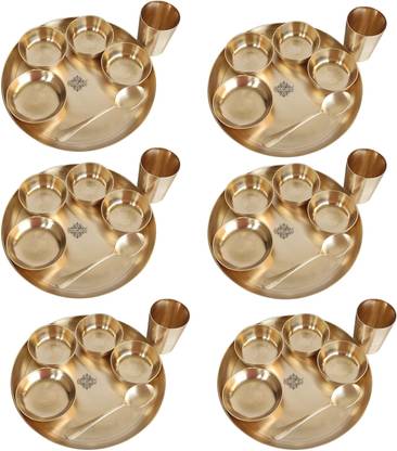 IndianArtVilla Pack of 6 Brass Matt Finish 6 Pcs. Set of 1 Thali, 1 ...