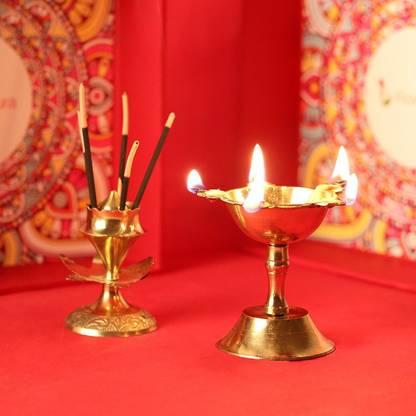 Floweraura Decorative Set Of 2 Brass Diya & Agarbatti Stand For Diwali ...