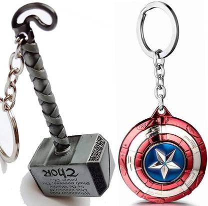 Jainsburys Combo of Thor hammer & Captain America Rotating keychain Key ...